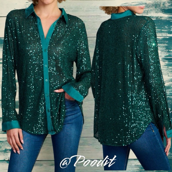 edit by nine | Tops | Gorgeous Emerald Green Sequin Blouse S M L | Poshmark